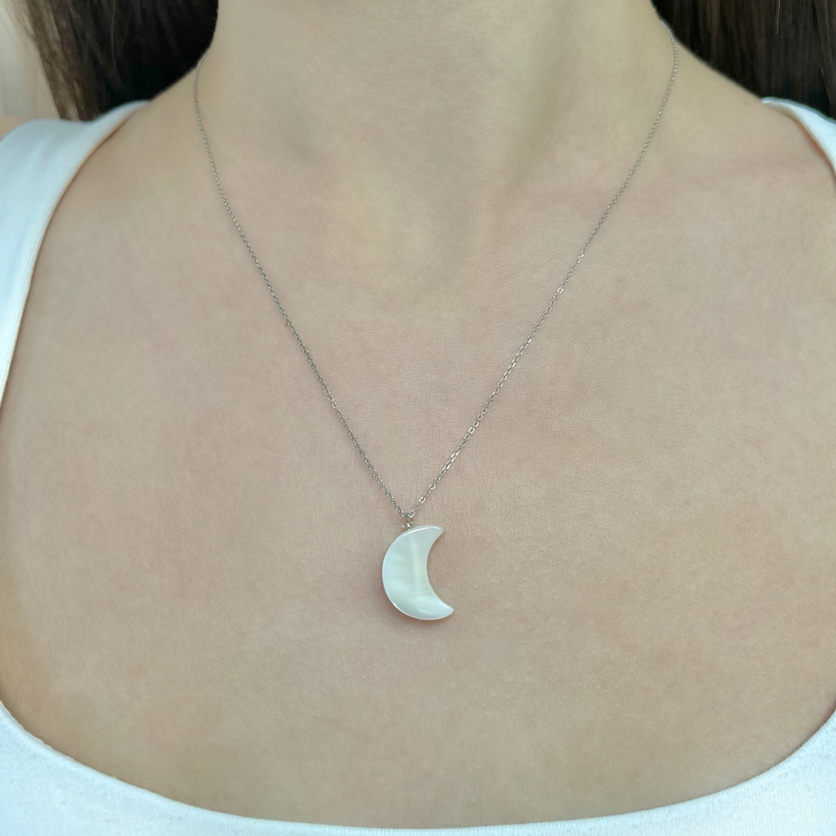 Moon-Shaped Mother of Pearl Necklace with Sterling Silver Chain– White ...